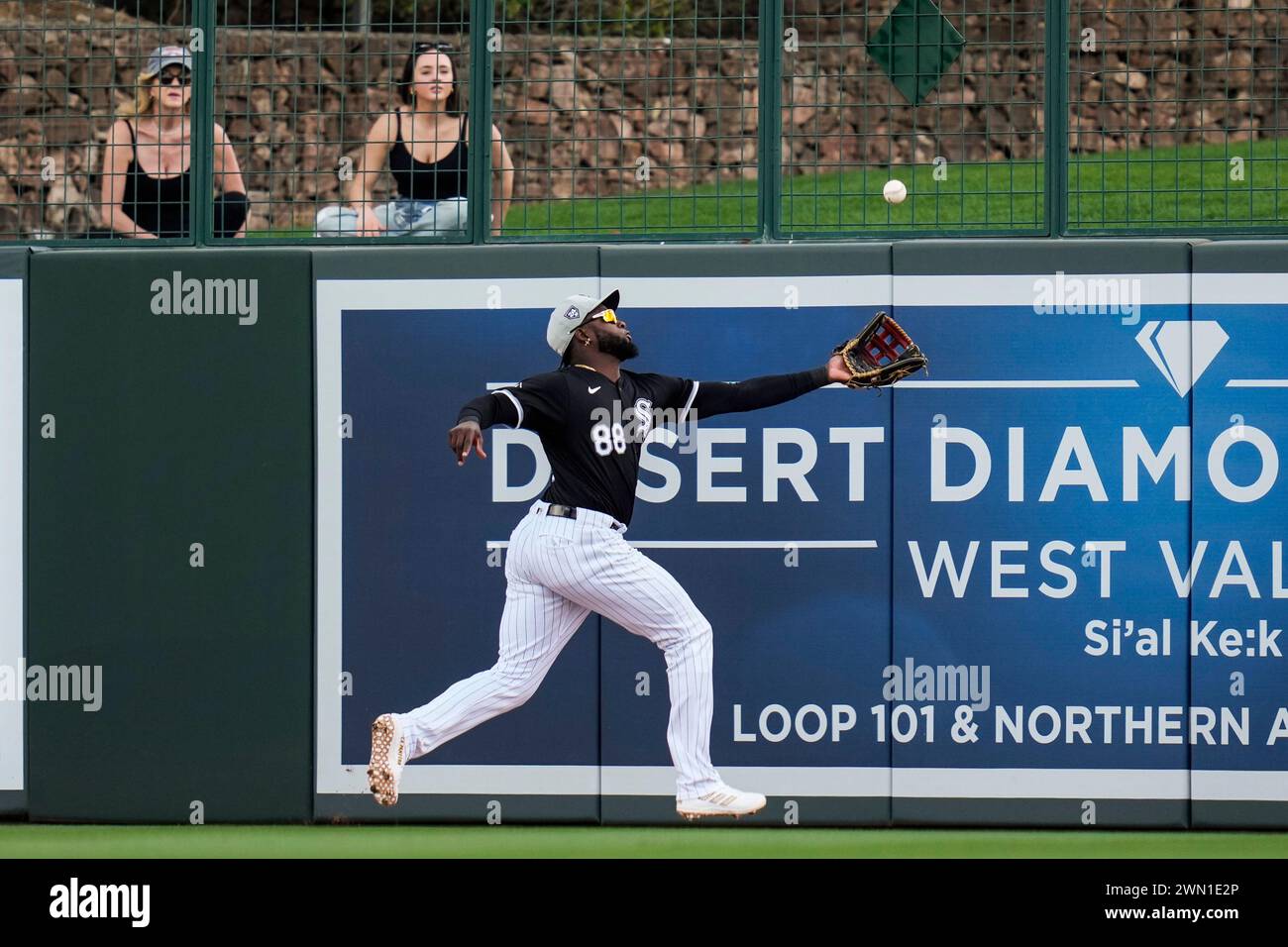 Chicago White Sox center fielder Luis Robert Jr. catches a fly ball hit ...