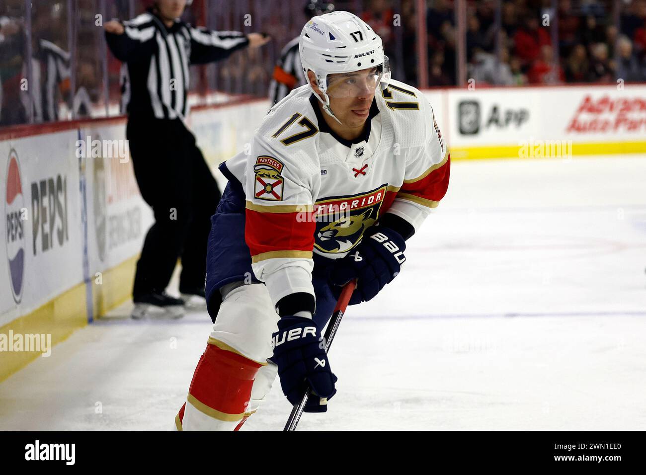 Florida Panthers' Evan Rodrigues (17) controls the puck against the ...