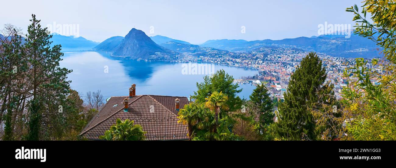 Panorama of Ticinese Alpine landscape and Lake Lugano from Ruvigliana ...