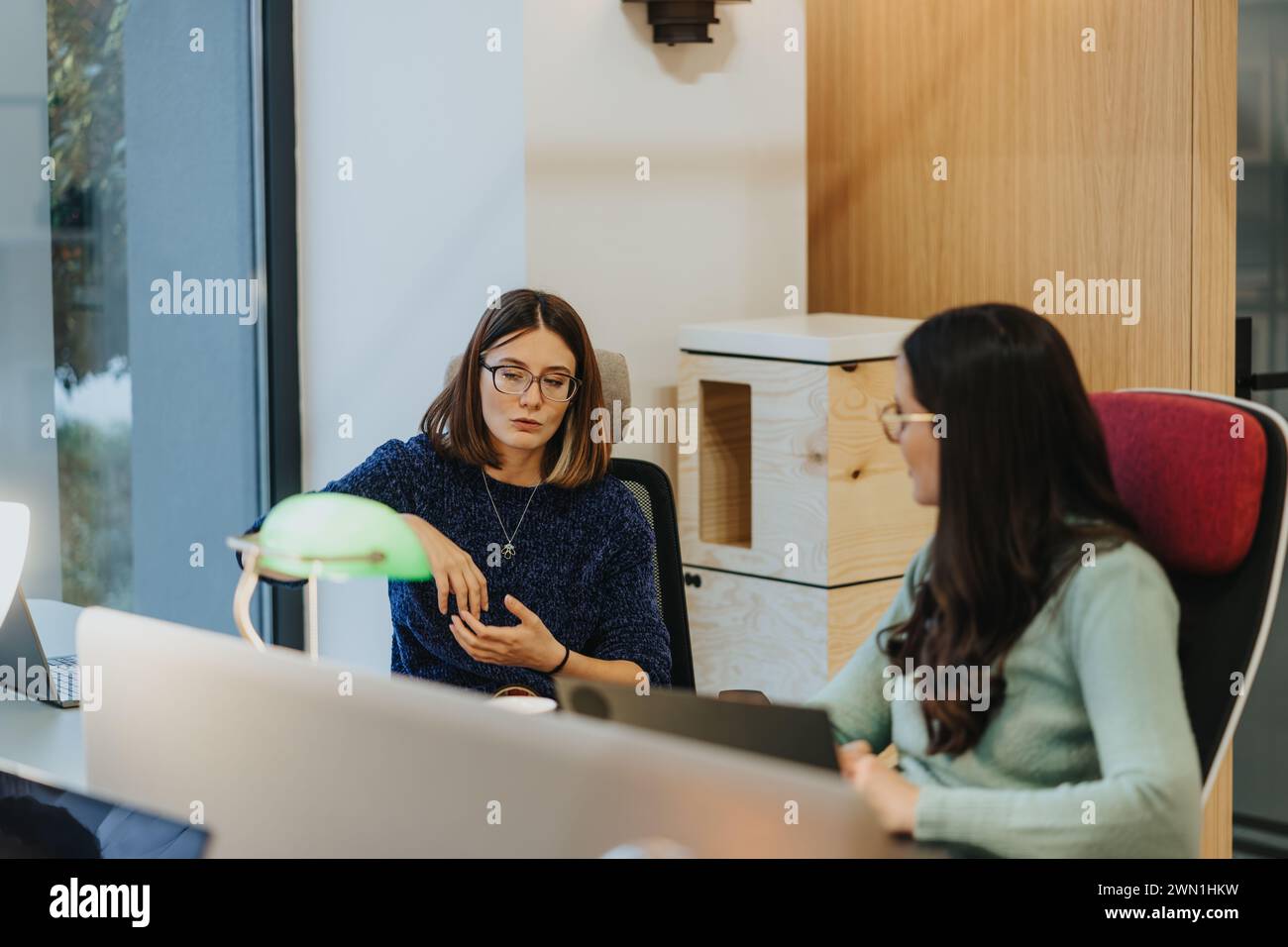 Two focused female professionals are collaborating in a modern office ...