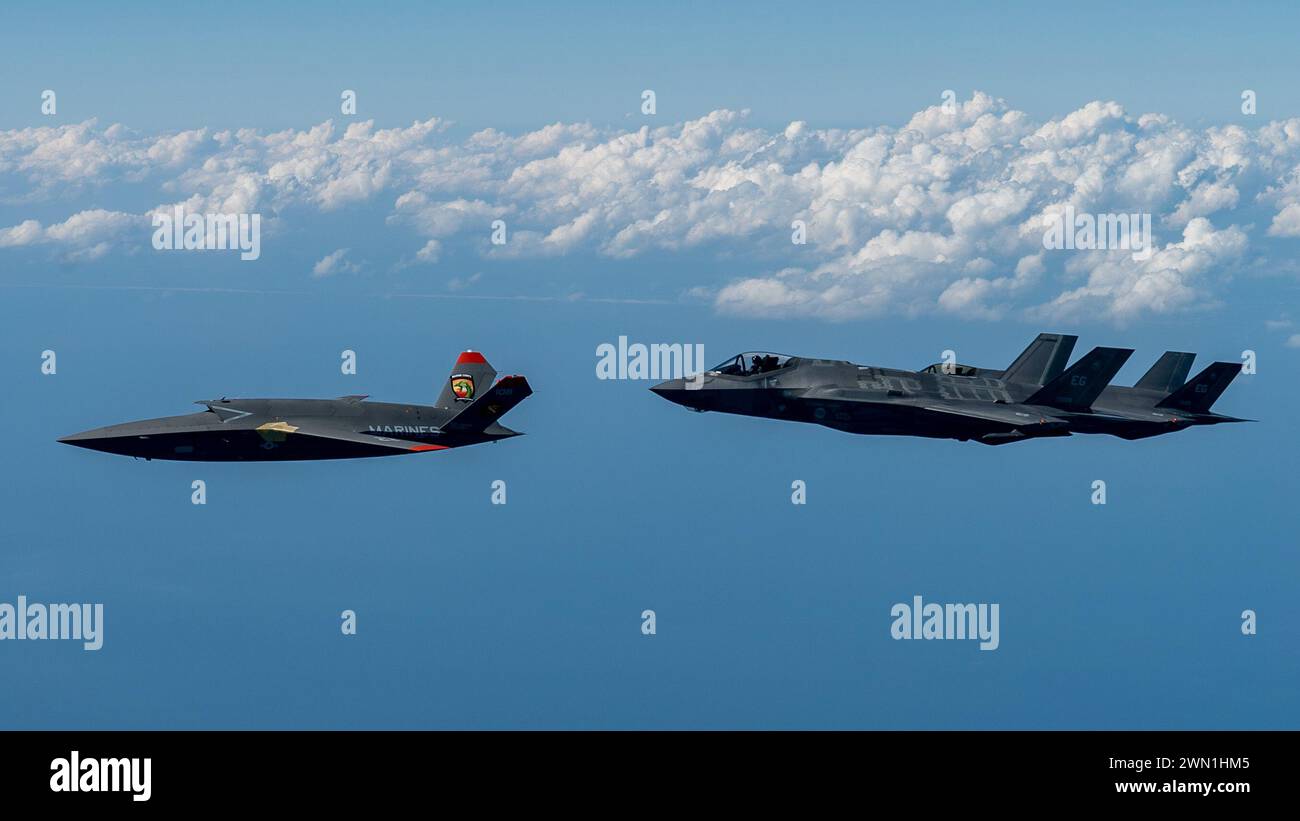 A U.S. Marine Corps XQ-58A Valkyrie, highly autonomous, low-cost ...