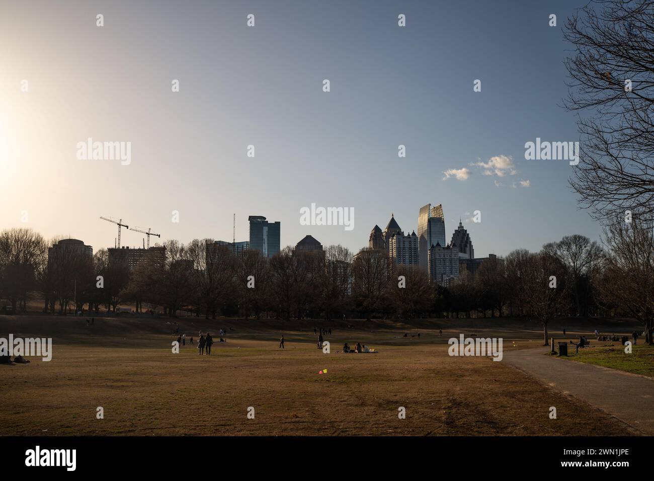 Panoramic view of Atlanta skyline during sunset shot from Piedmont Park ...