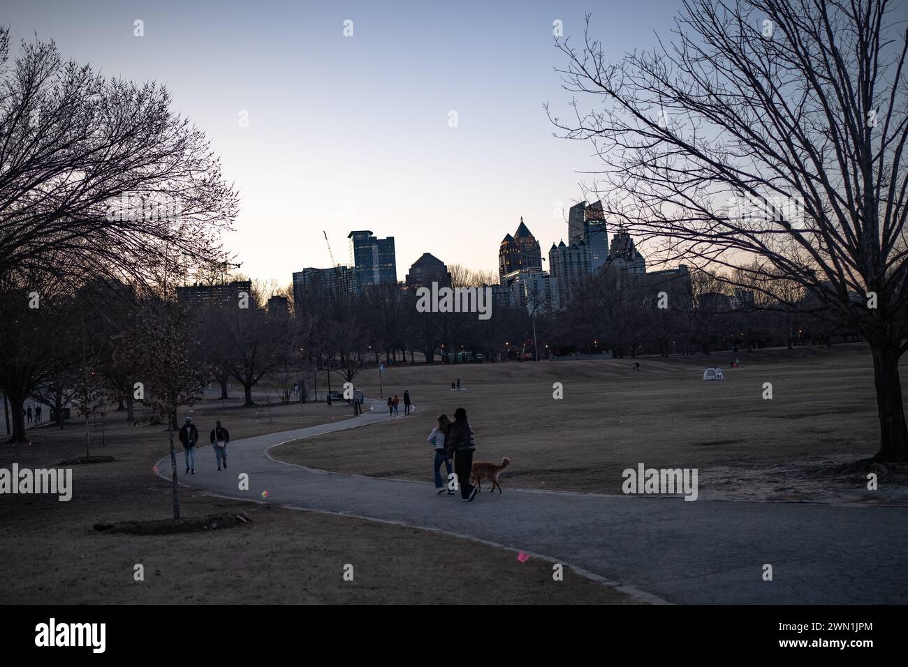 Panoramic view of Atlanta skyline during sunset shot from Piedmont Park ...