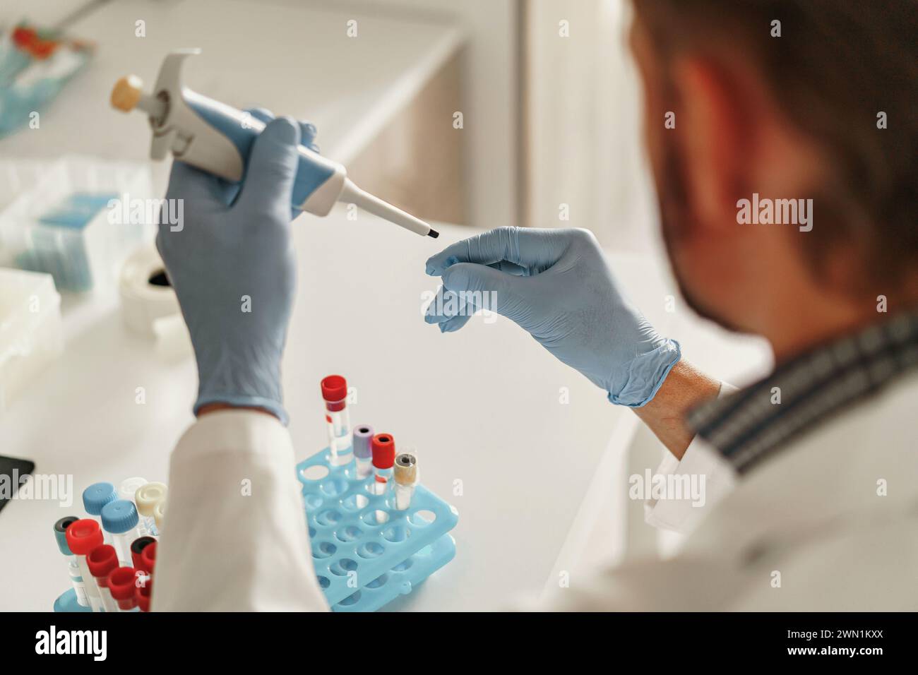 Back view of scientist is using micropipette for biochemical test ...