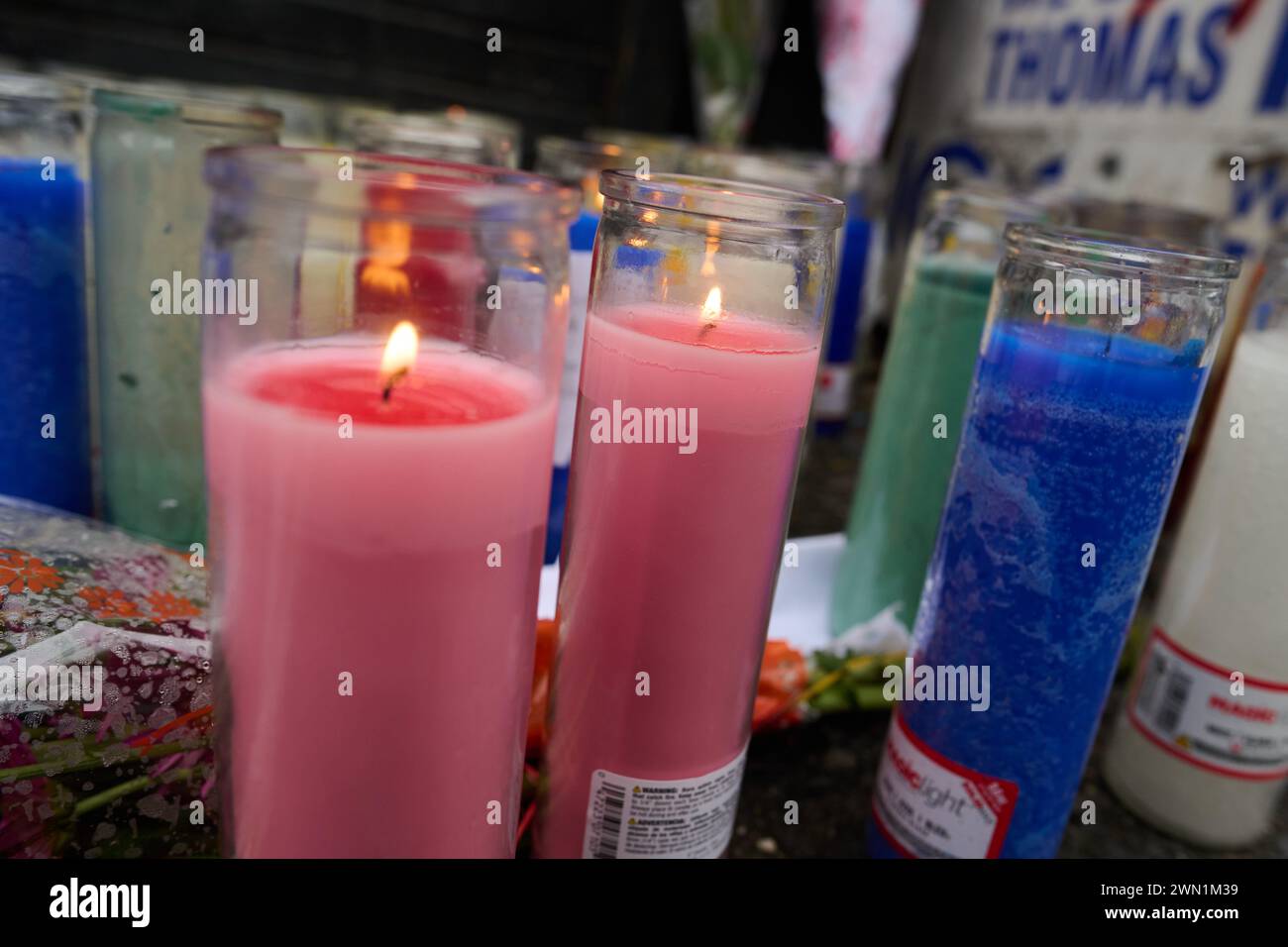 New York, New York, USA. 28th Feb, 2024. A growing memorial of candles ...