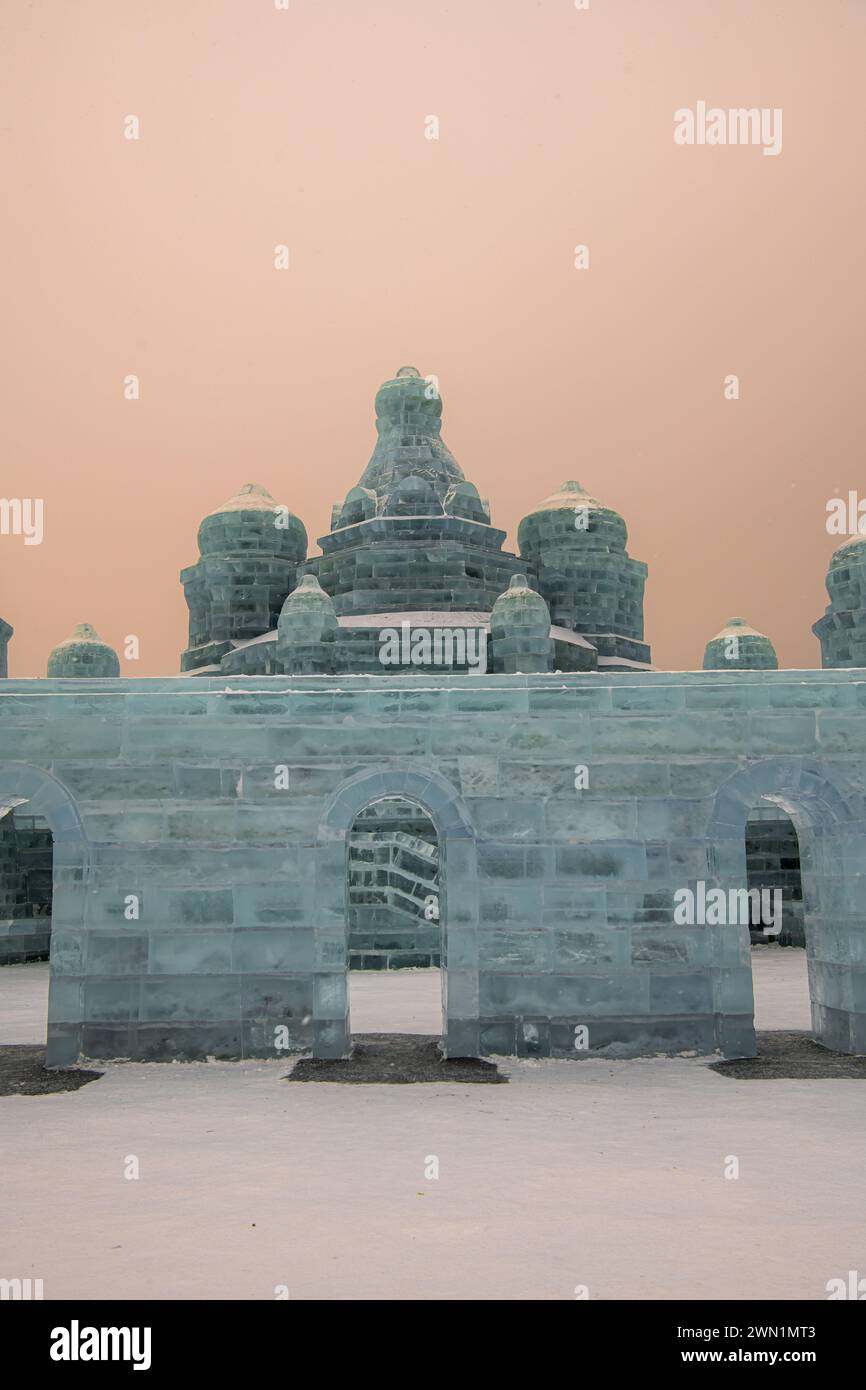 January 1, 2022, HARBIN, CHINA. Ice building. Harbin International Ice ...