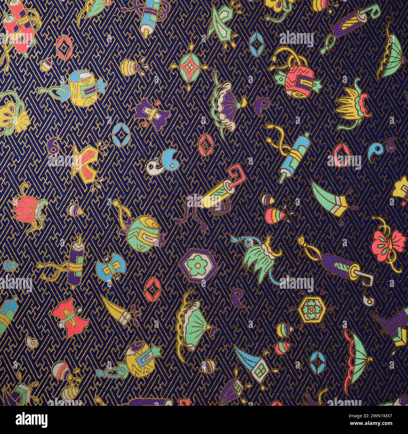 Traditional Japanese patterns with a variuos objects and dark blue and ...