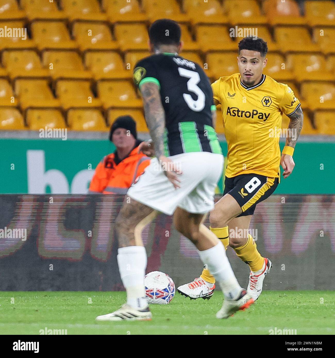 Wolverhampton, UK. 28th Feb, 2024. Wolves' João Gomes pressed forward ...
