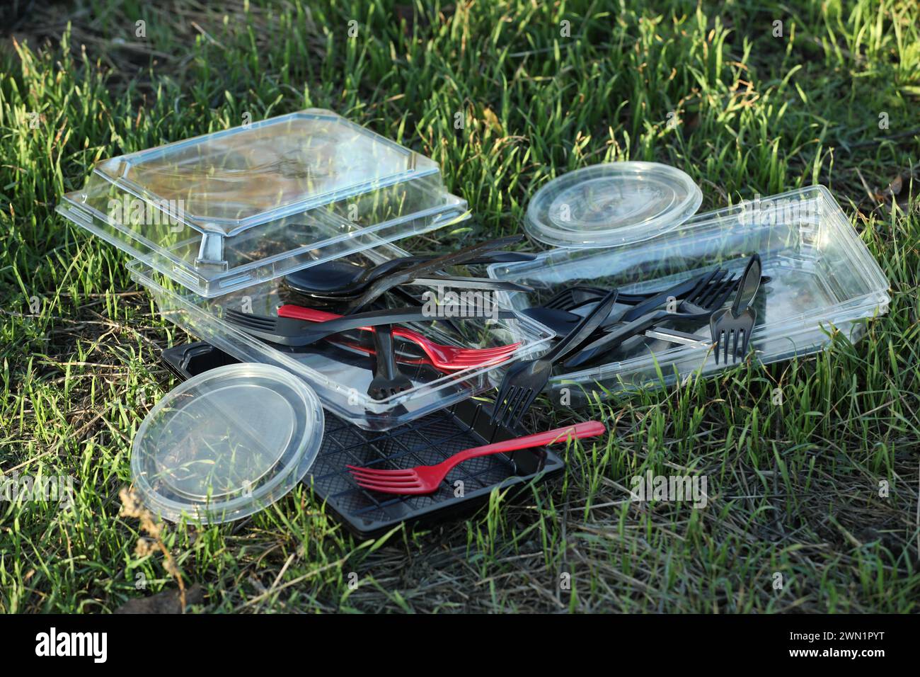 Used plastic tableware on grass outdoors. Environmental pollution ...