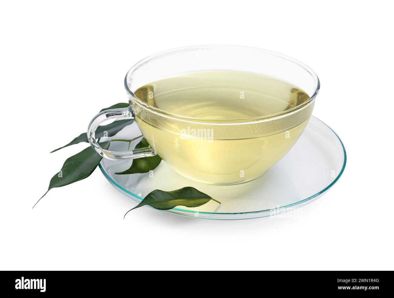 Refreshing green tea in cup and leaves isolated on white Stock Photo ...