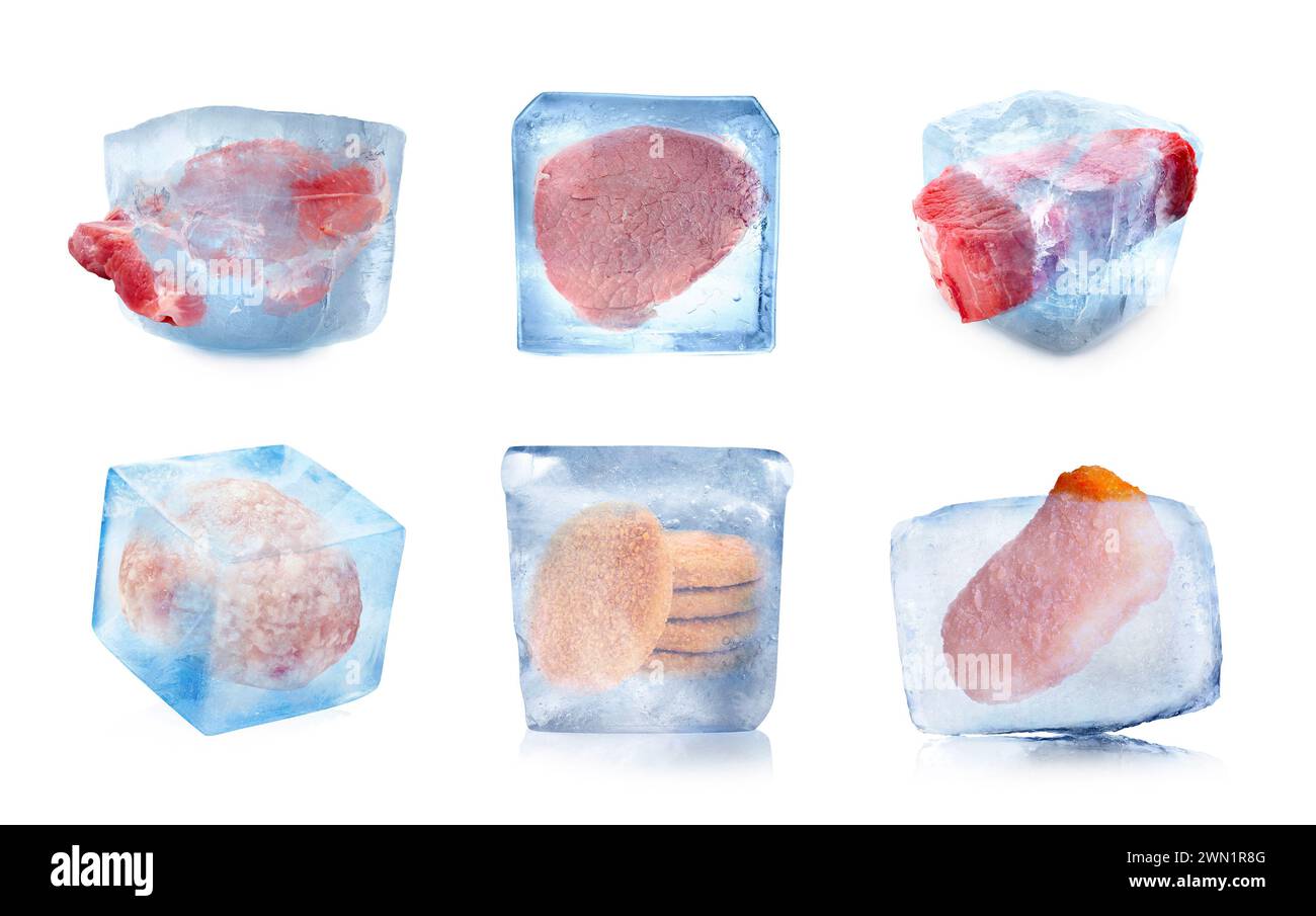 Frozen food. Different meat in ice cubes isolated on white, set Stock ...
