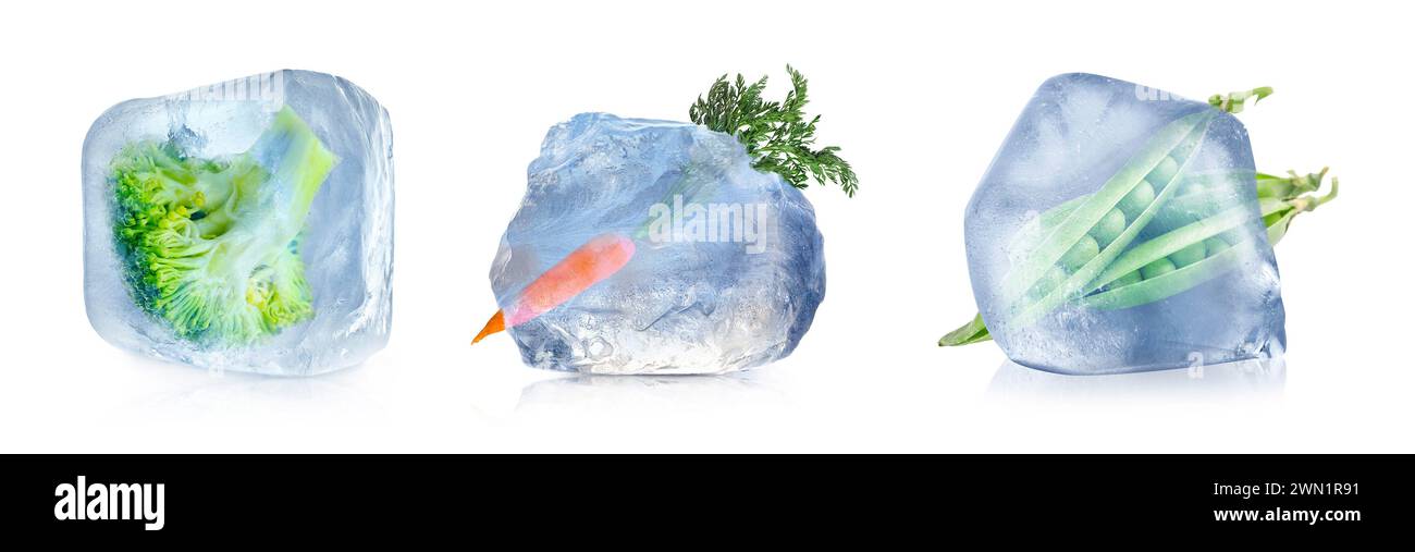 Frozen food. Different vegetables in ice cubes isolated on white, set Stock Photo - Alamy
