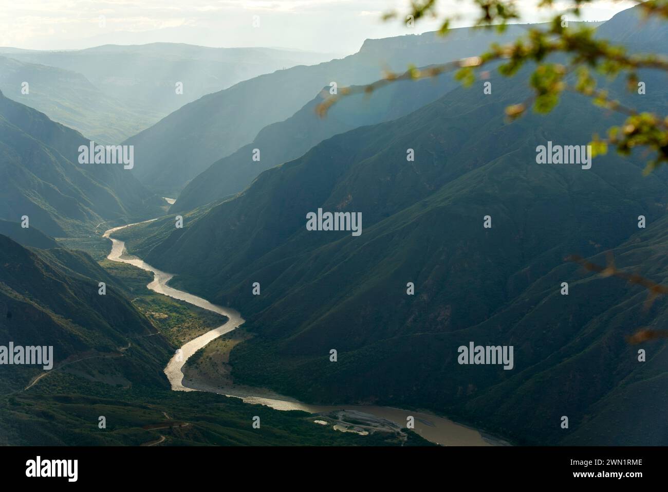 Chicamocha river flows through a canyon, mountainous Andean scenery in ...