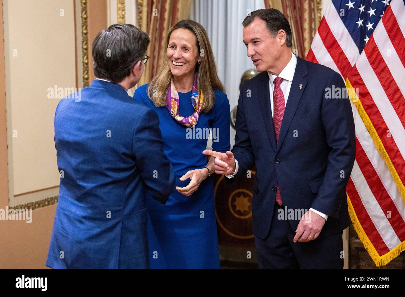 Rep. Tom Suozzi, D-N.Y., talks with House Speaker Mike Johnson, R-La ...