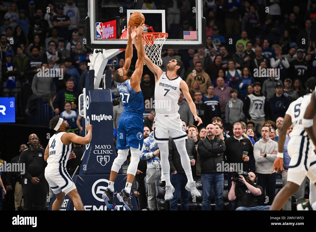 Memphis Grizzlies forward Santi Aldama (7) blocks a shot by Minnesota ...