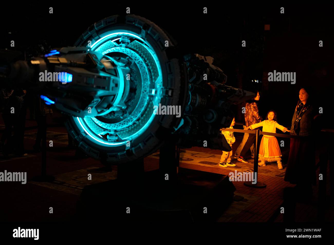A child reacts to a depiction of a space craft at an exhibition about ...