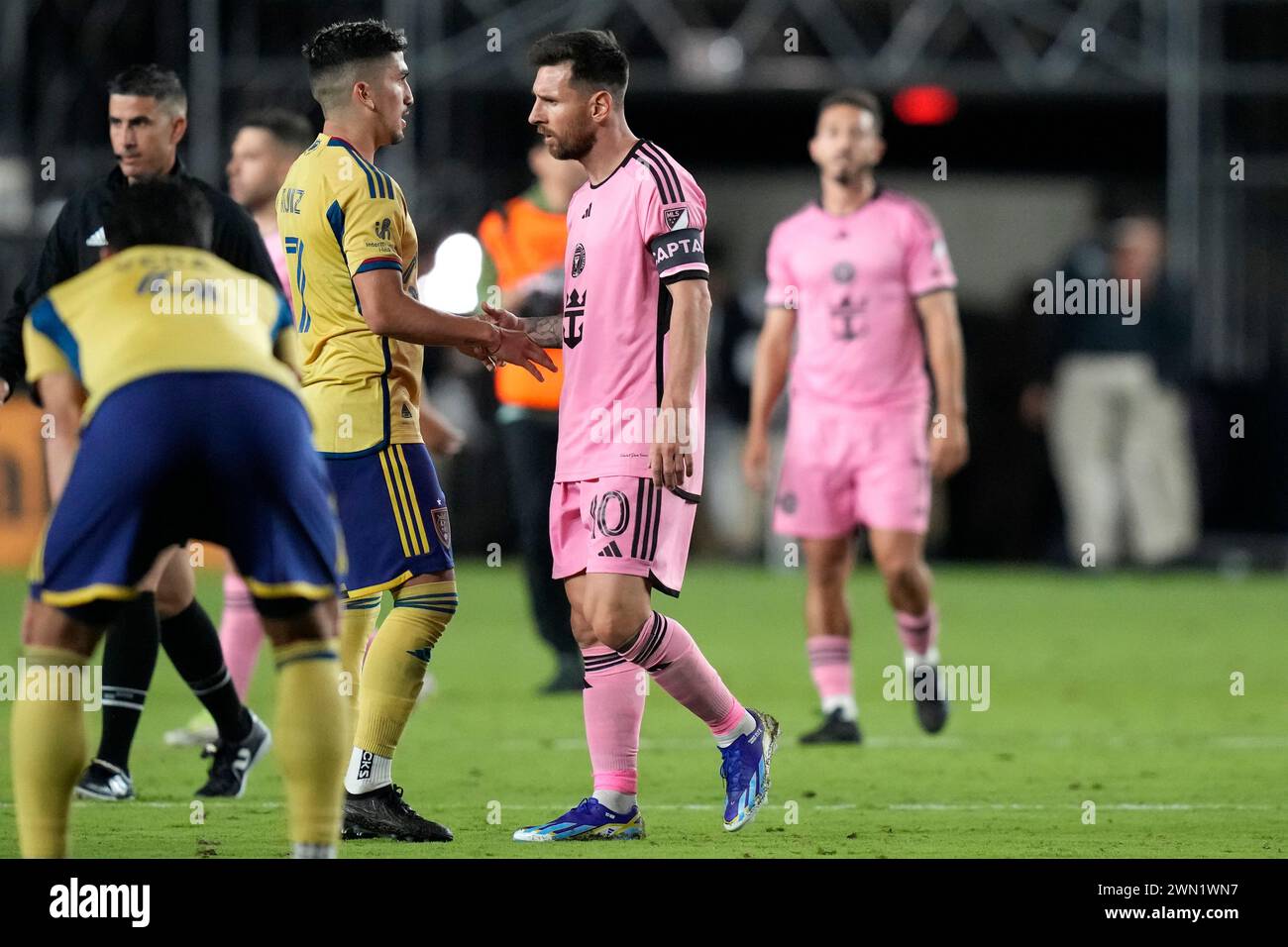 Inter Miami forward Lionel Messi (10) shakes hands with Real Salt Lake ...