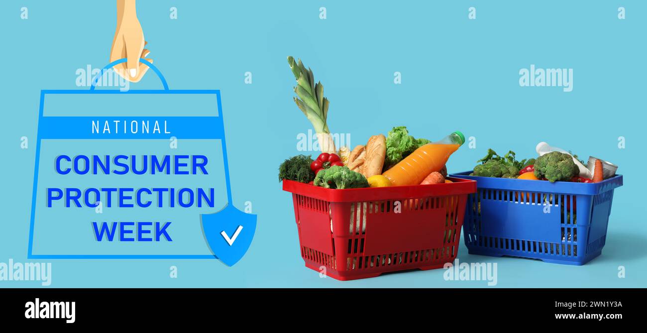 Banner for National Consumer Protection Week with shopping baskets full ...