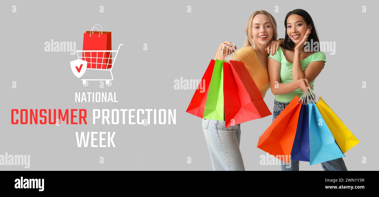 Banner for National Consumer Protection Week with happy young women ...