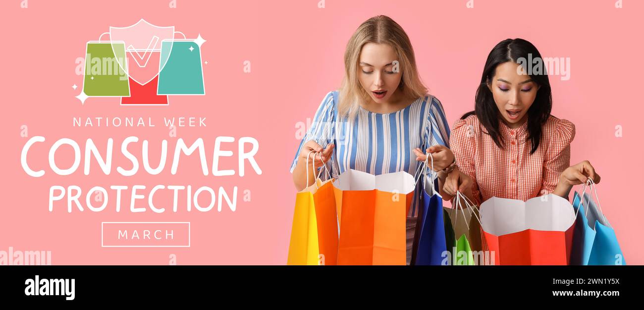 Banner for National Consumer Protection Week with surprised young women ...