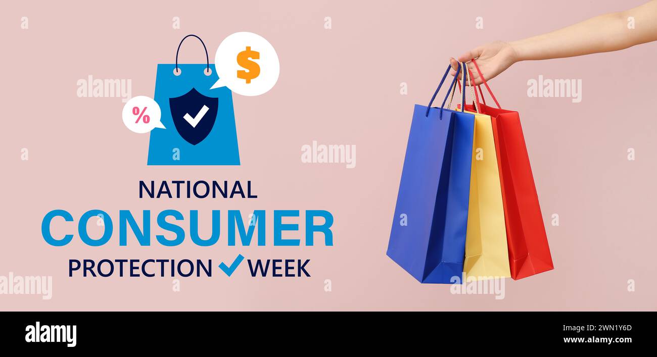 Banner for National Consumer Protection Week with surprised young women ...