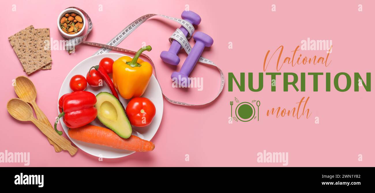 Banner for National Nutrition Month with fresh vegetables, dumbbells ...
