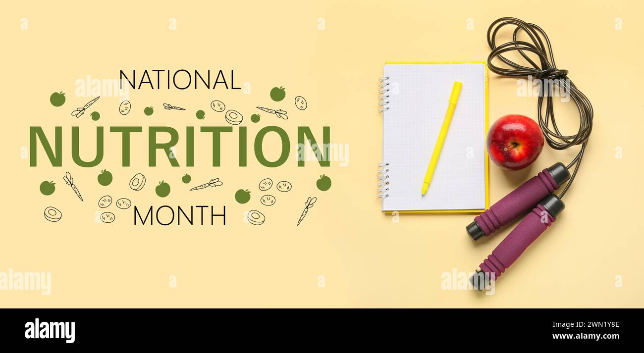 Banner for National Nutrition Month with apple, notebook and skipping ...
