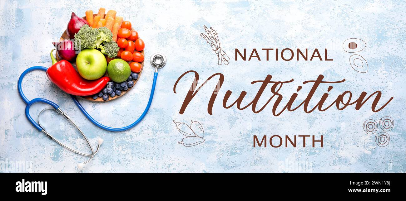 Banner for National Nutrition Month with fresh fruits, vegetables and ...