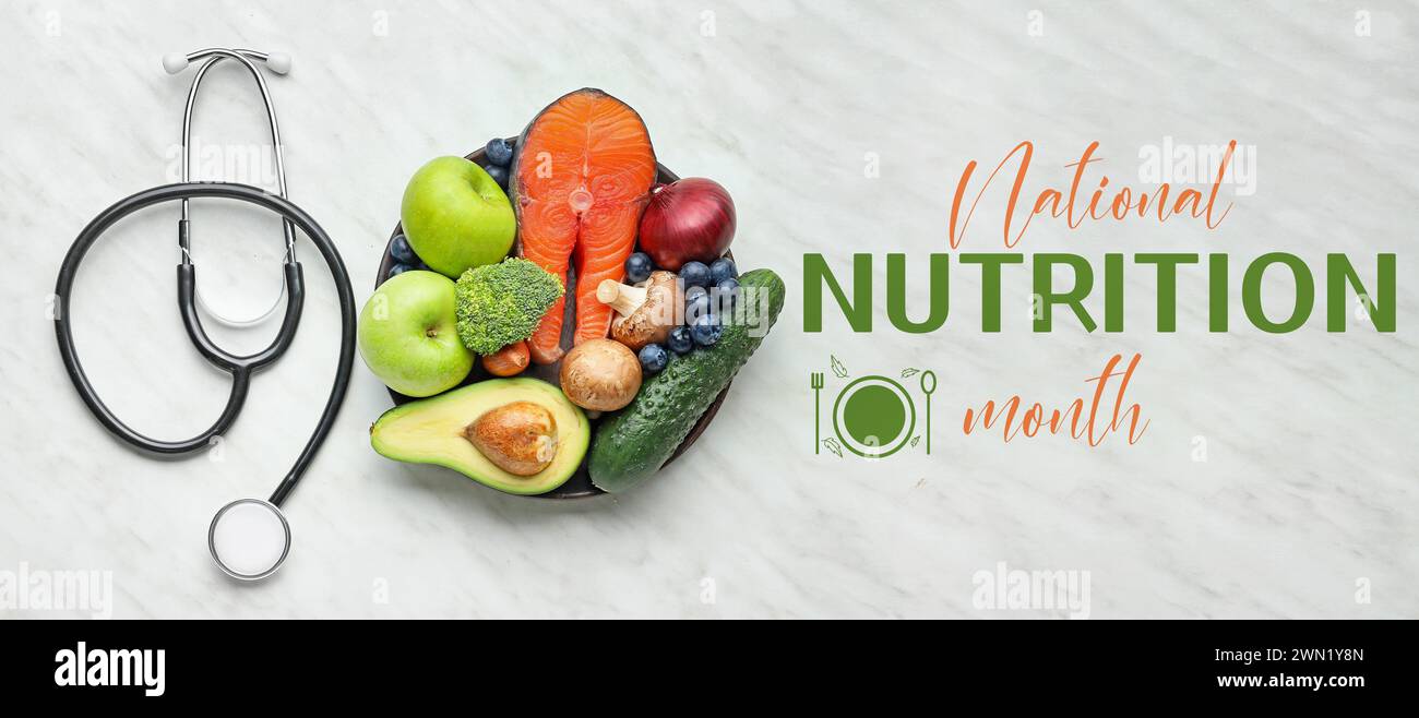 Banner for National Nutrition Month with fresh products and stethoscope ...