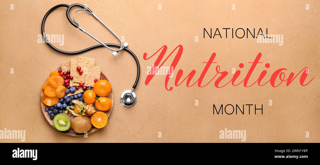 Banner for National Nutrition Month with fresh fruits and stethoscope ...