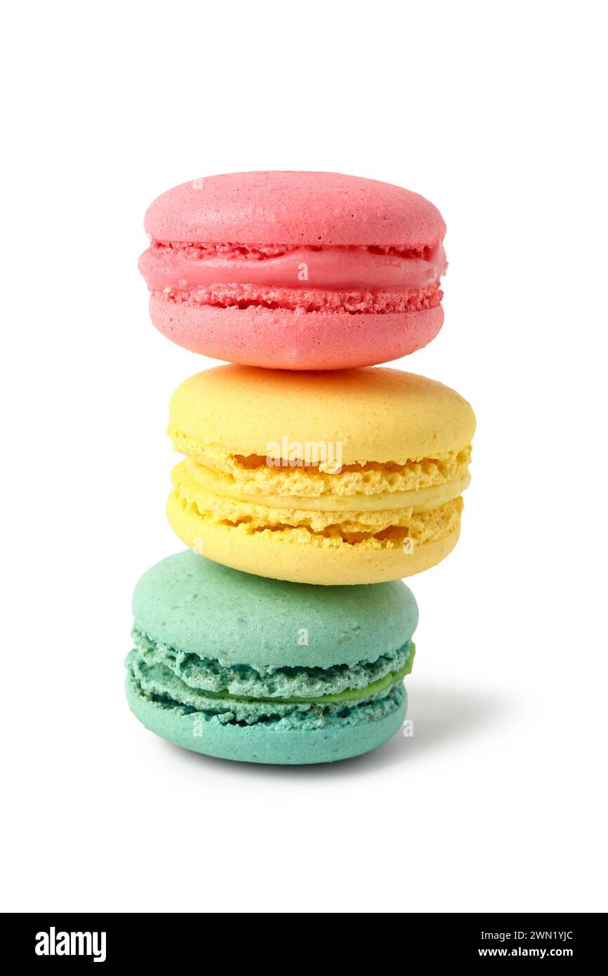 Different tasty sweet macaroons on white background Stock Photo - Alamy