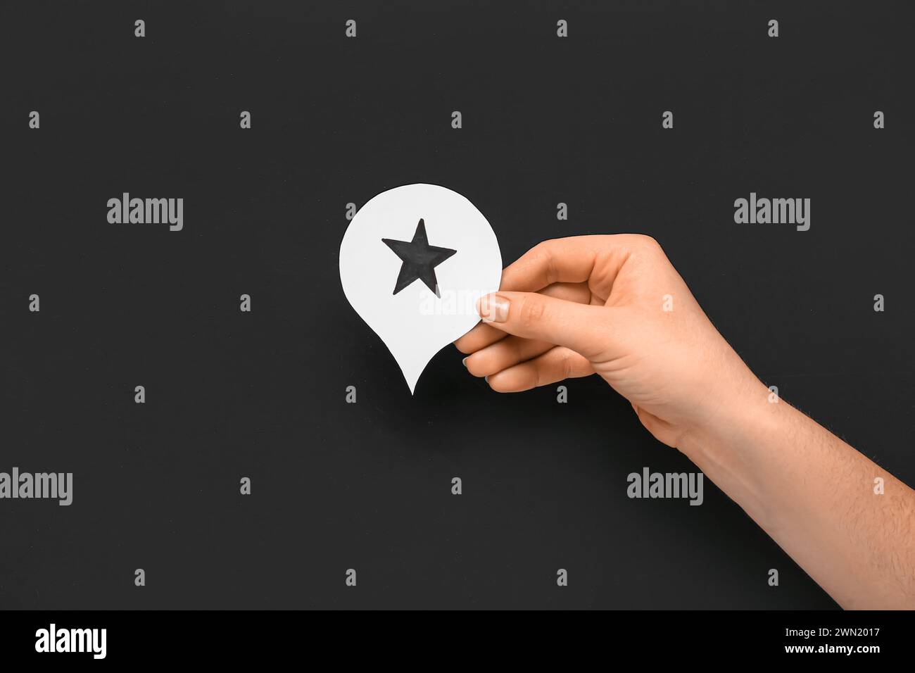 Woman and speech bubble with rating star on dark background. Customer ...