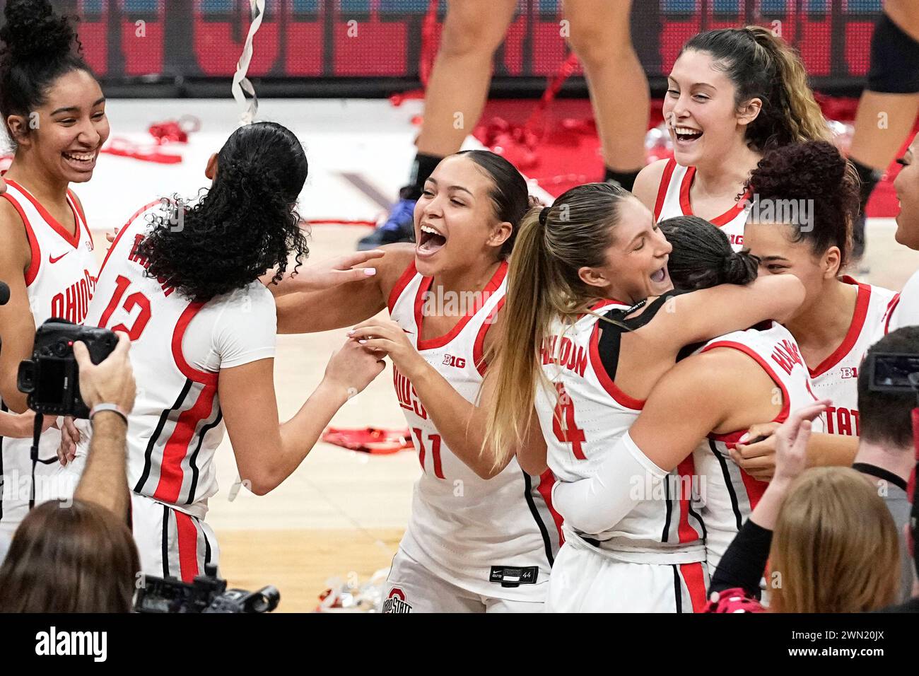 Ohio State guard Jacy Sheldon (4) celebrates with teammates after the ...
