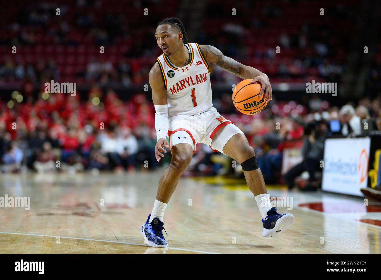 College Park, MD, USA. 28th Feb, 2024. Maryland Terrapins guard Jahmir ...