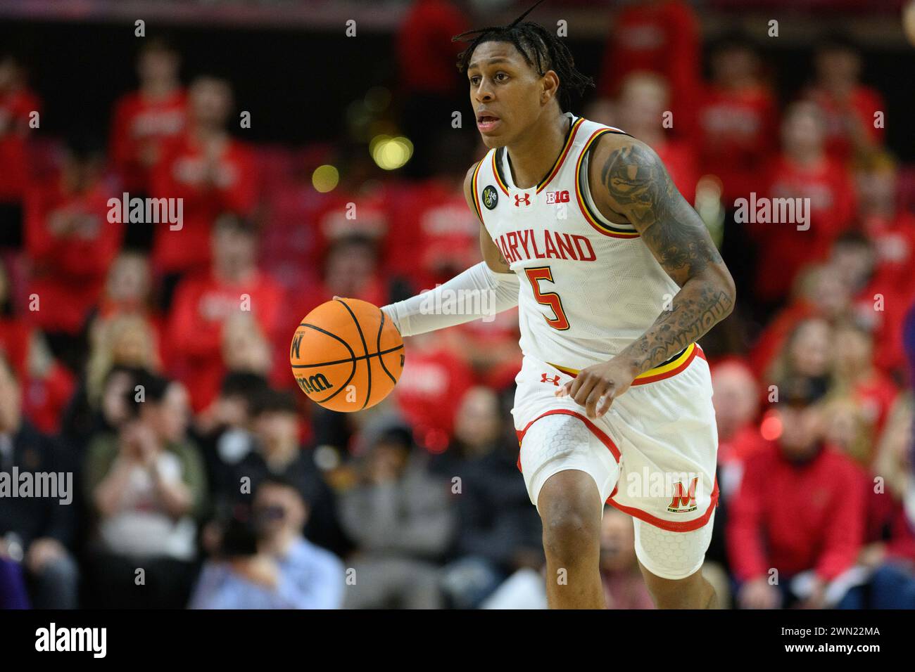 College Park, MD, USA. 28th Feb, 2024. Maryland Terrapins guard DeShawn ...