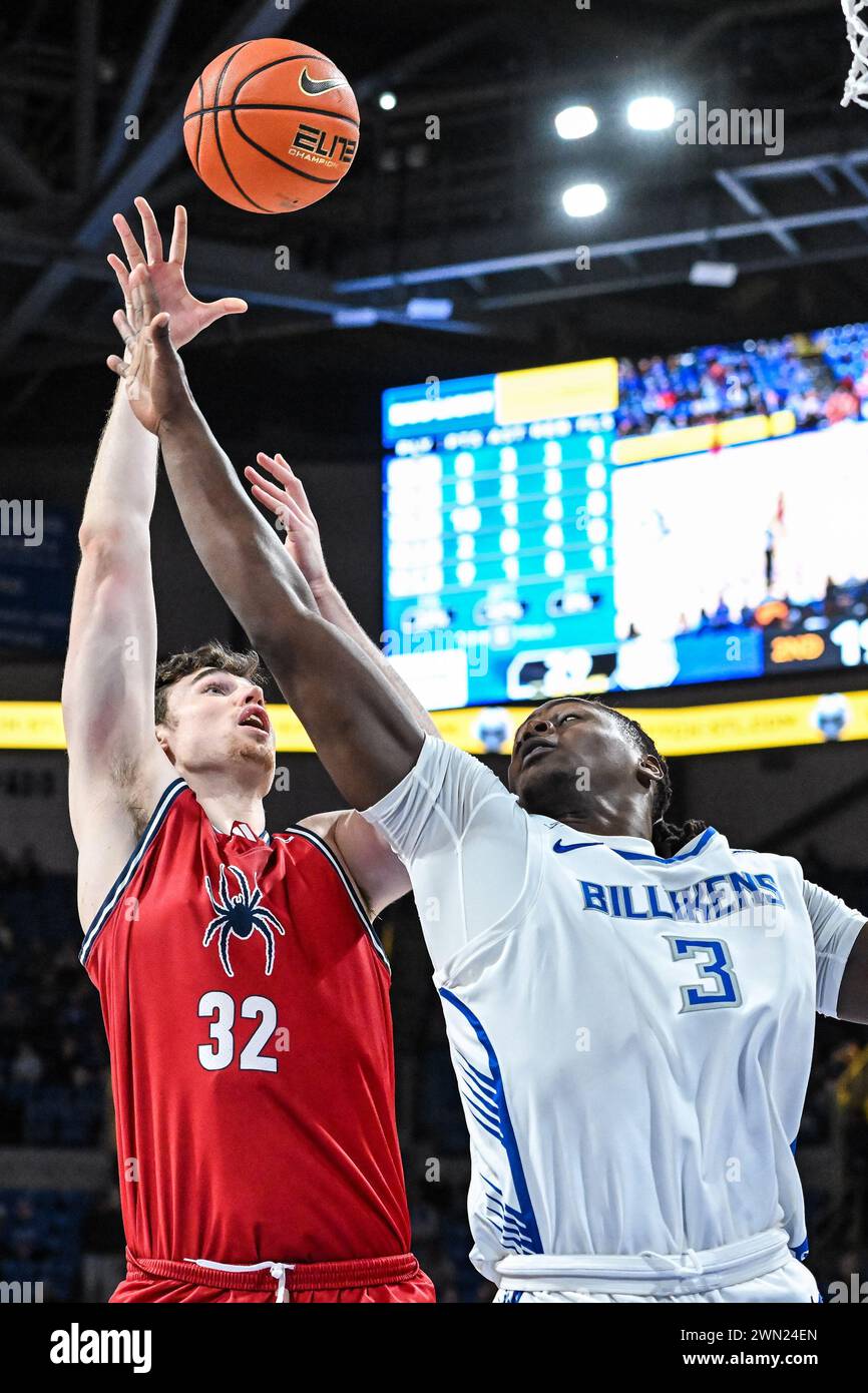 FEBRUARY 28, 2024: Richmond Spiders center Neal Quinn (32) gets off a ...