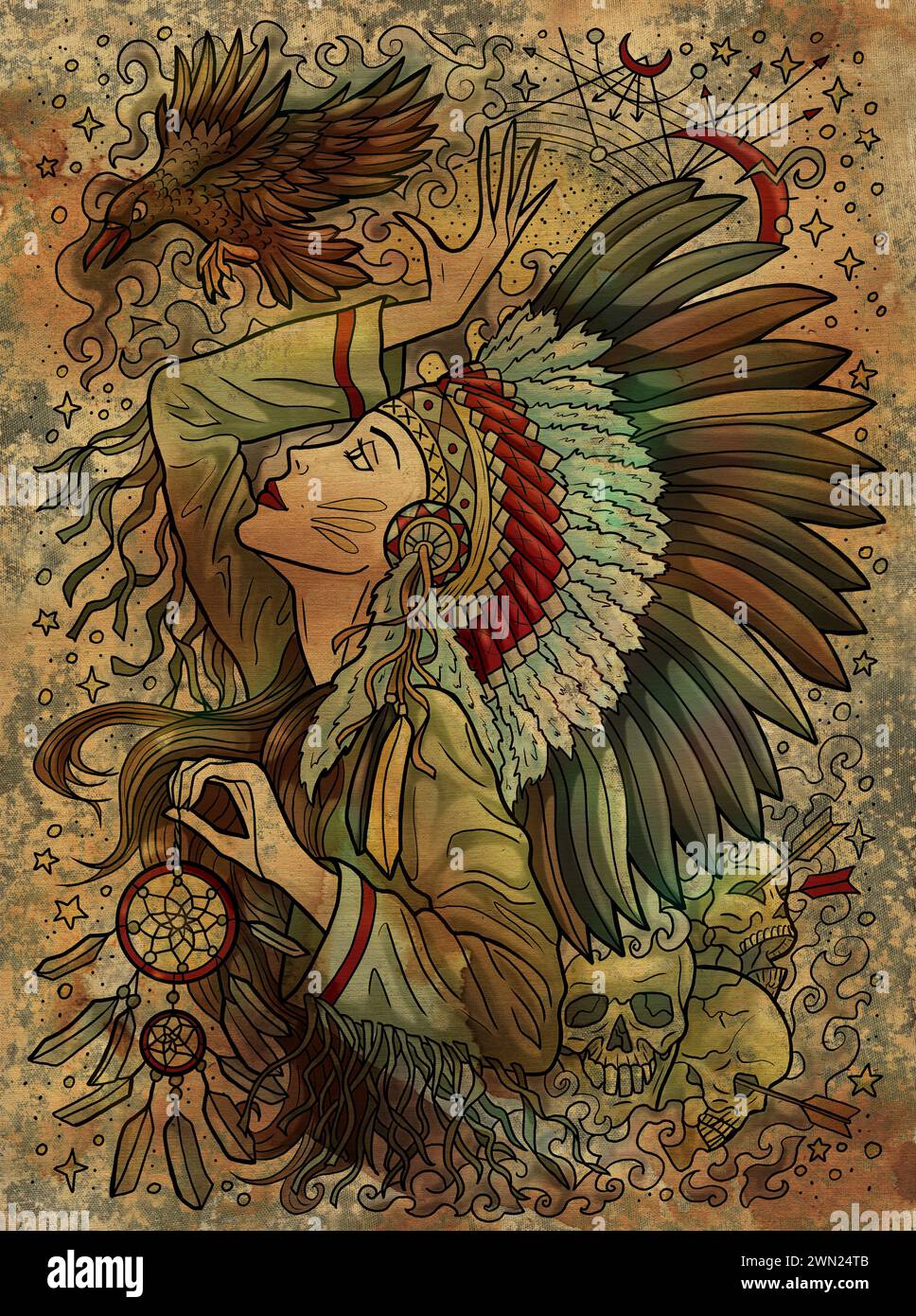 Fantasy engraved illustration with beautiful American indian woman as ...