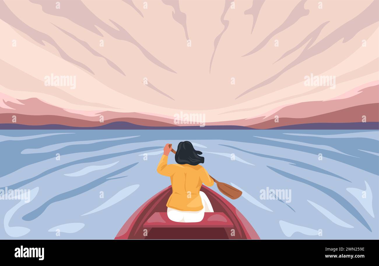 Woman rowing on lake or river, lady in boat vector Stock Vector Image ...