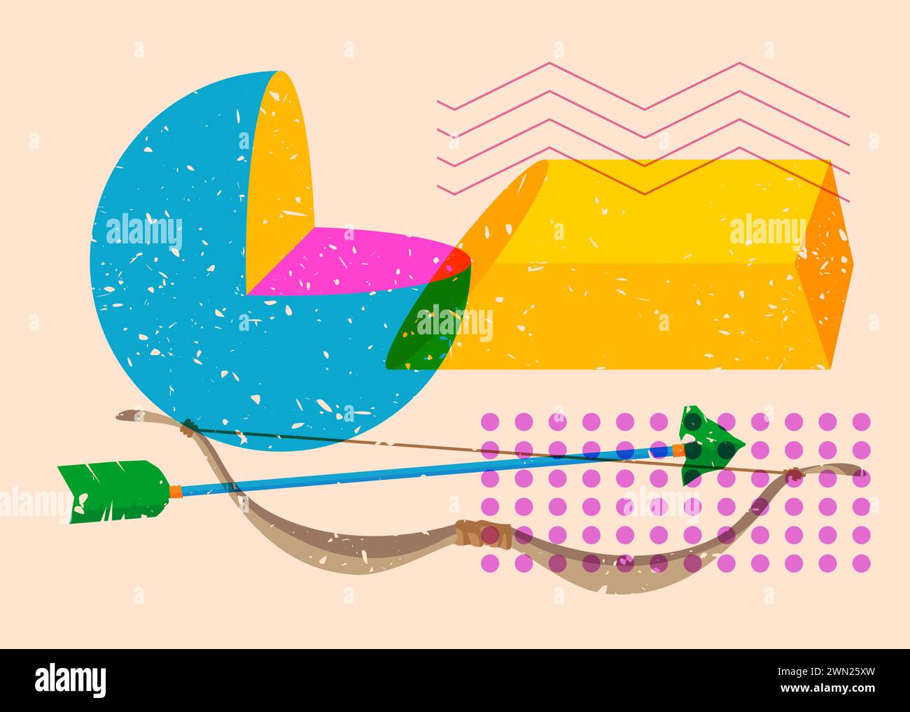 Risograph Bow and arrow with geometric shapes. Objects in trendy riso ...