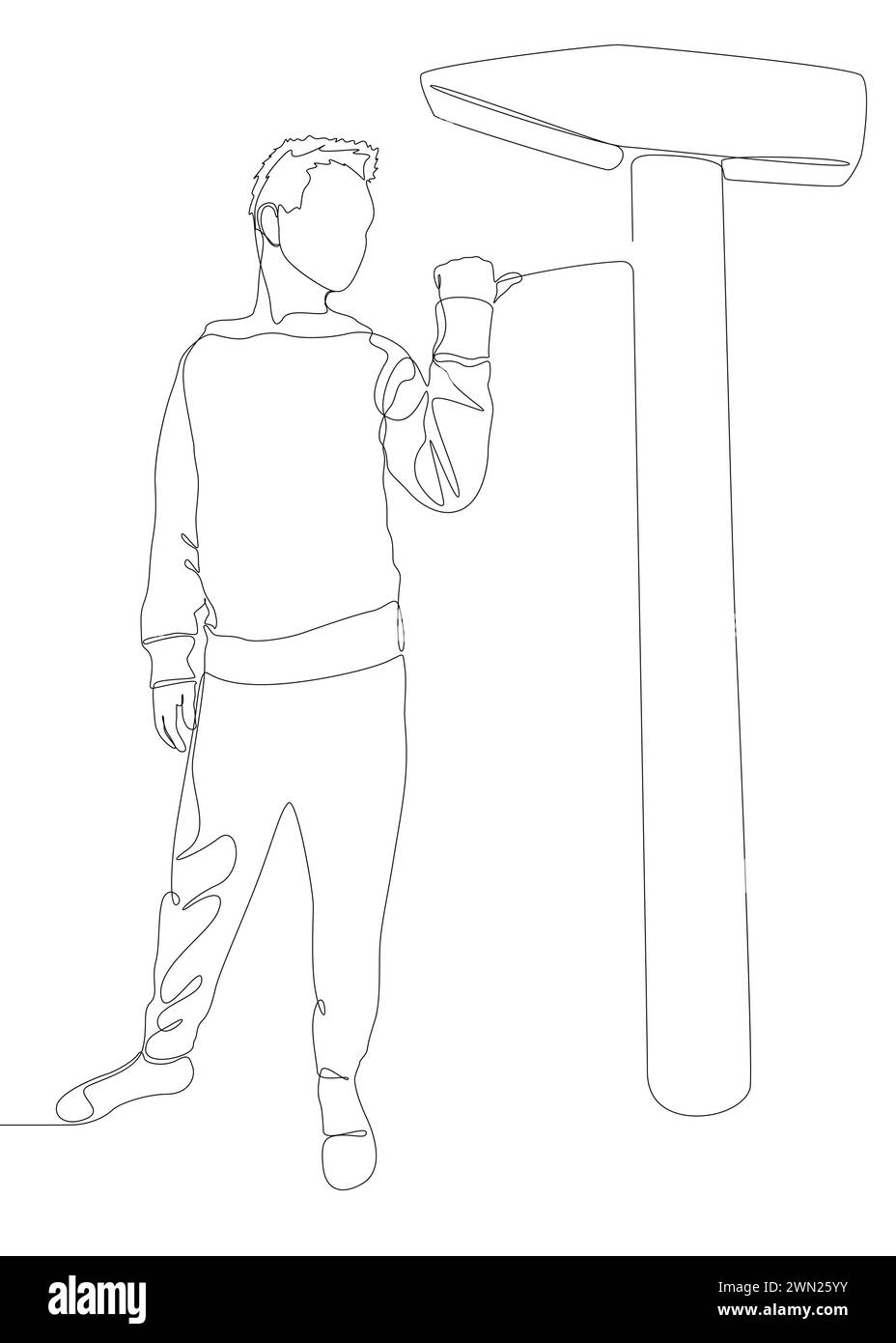 One Continuous Line Of Man Pointing With Finger At Hammer Thin Line