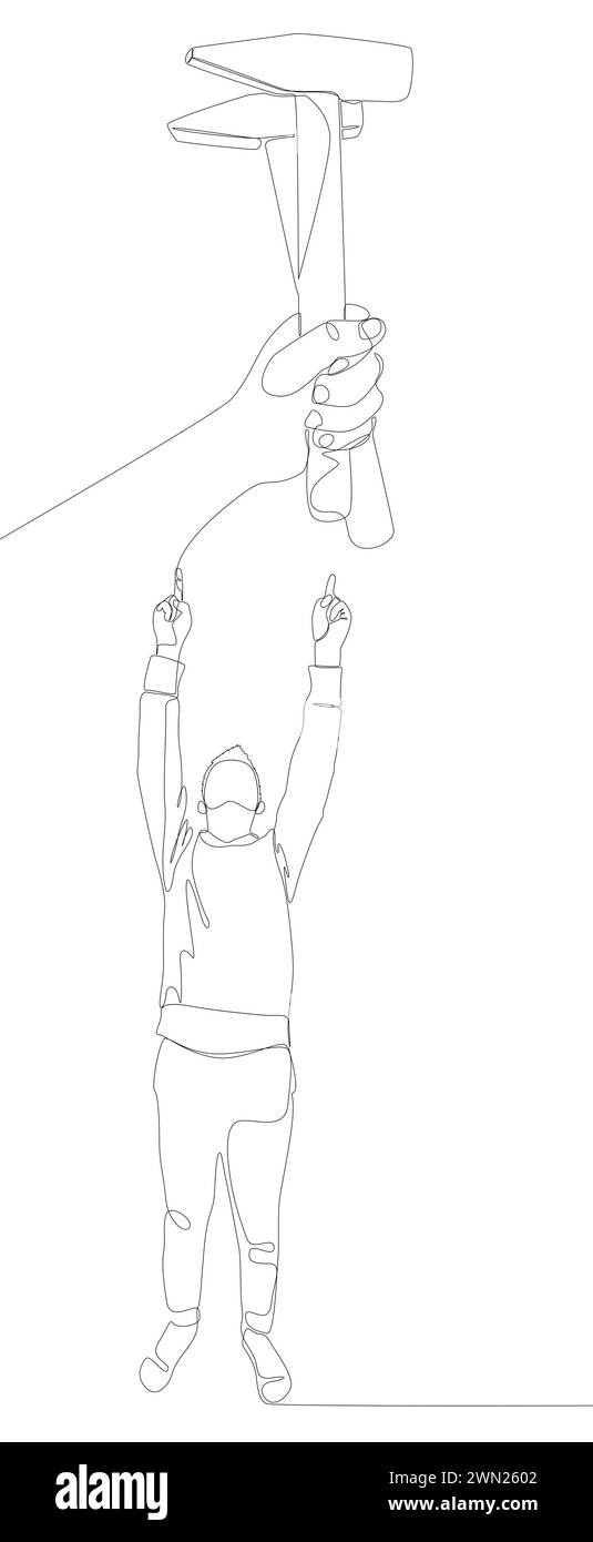 One continuous line of Man pointing with finger at Hammer. Thin Line ...