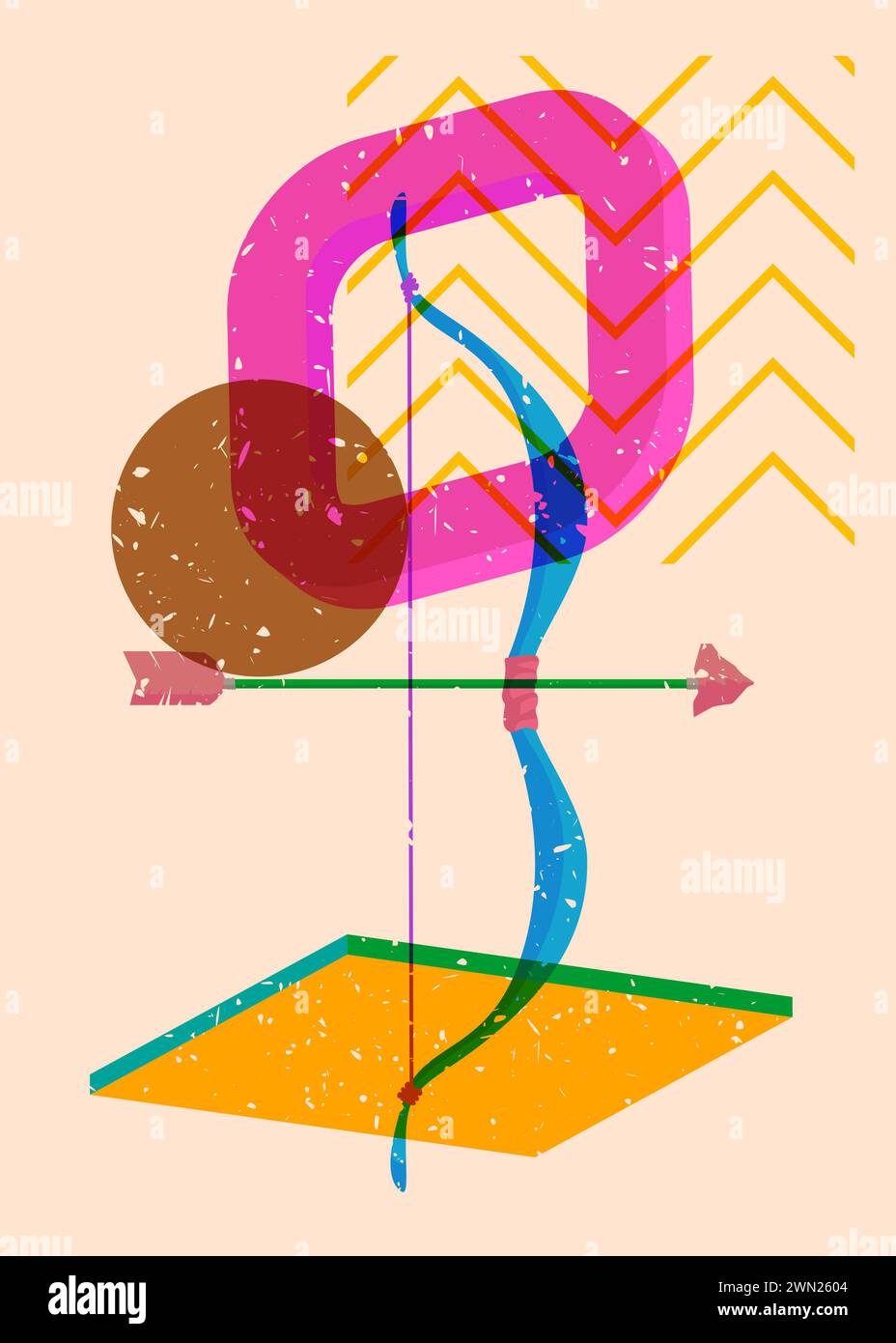 Risograph Bow and arrow with geometric shapes. Objects in trendy riso graph print texture style ...