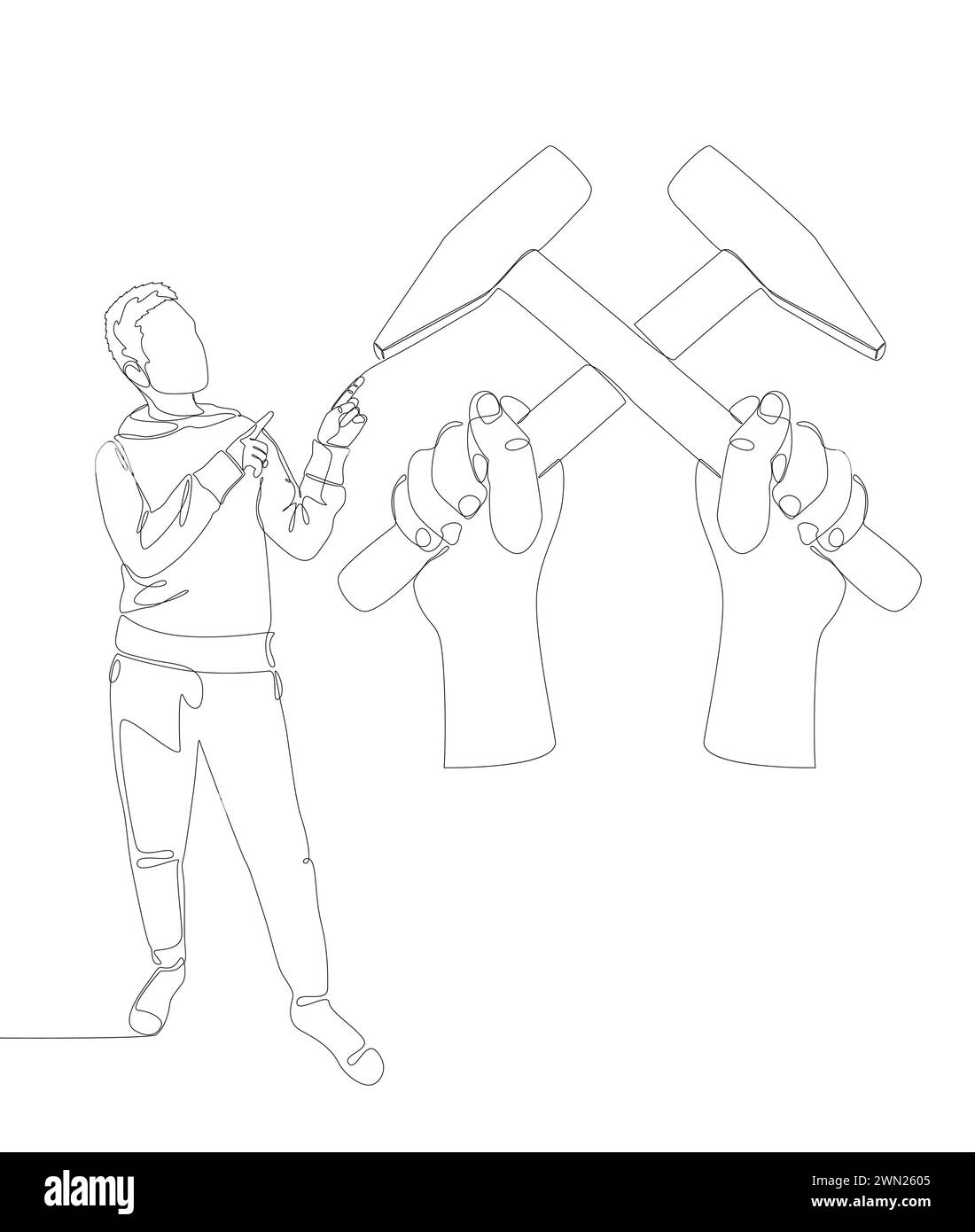 One Continuous Line Of Man Pointing With Finger At Hammer Thin Line