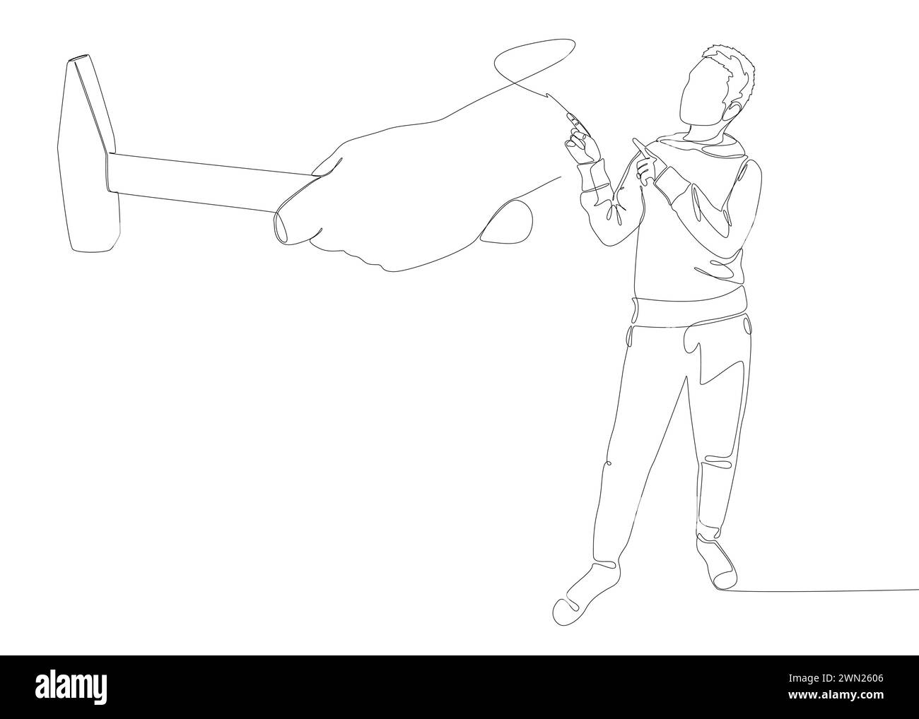 One Continuous Line Of Man Pointing With Finger At Hammer Thin Line Illustration Construction