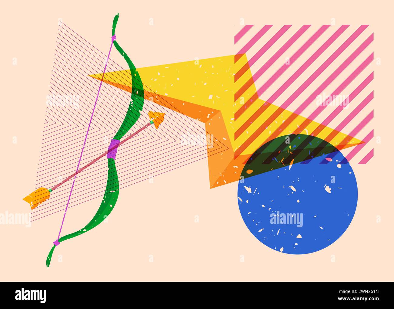Risograph Bow and arrow with geometric shapes. Objects in trendy riso ...