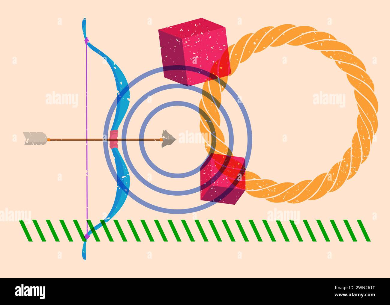 Risograph Bow and arrow with geometric shapes. Objects in trendy riso ...