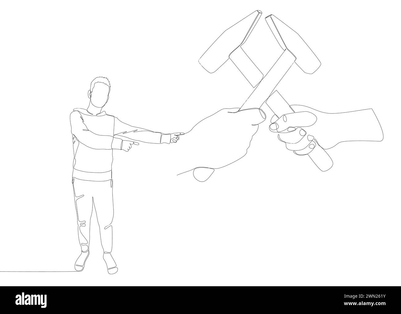 One Continuous Line Of Man Pointing With Finger At Hammer Thin Line