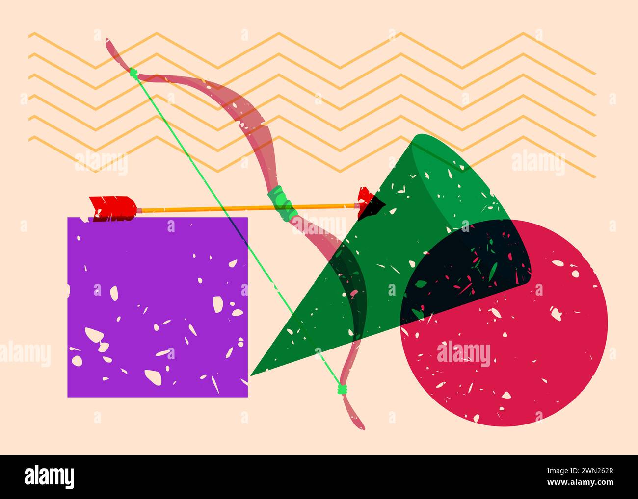 Risograph Bow and arrow with geometric shapes. Objects in trendy riso ...