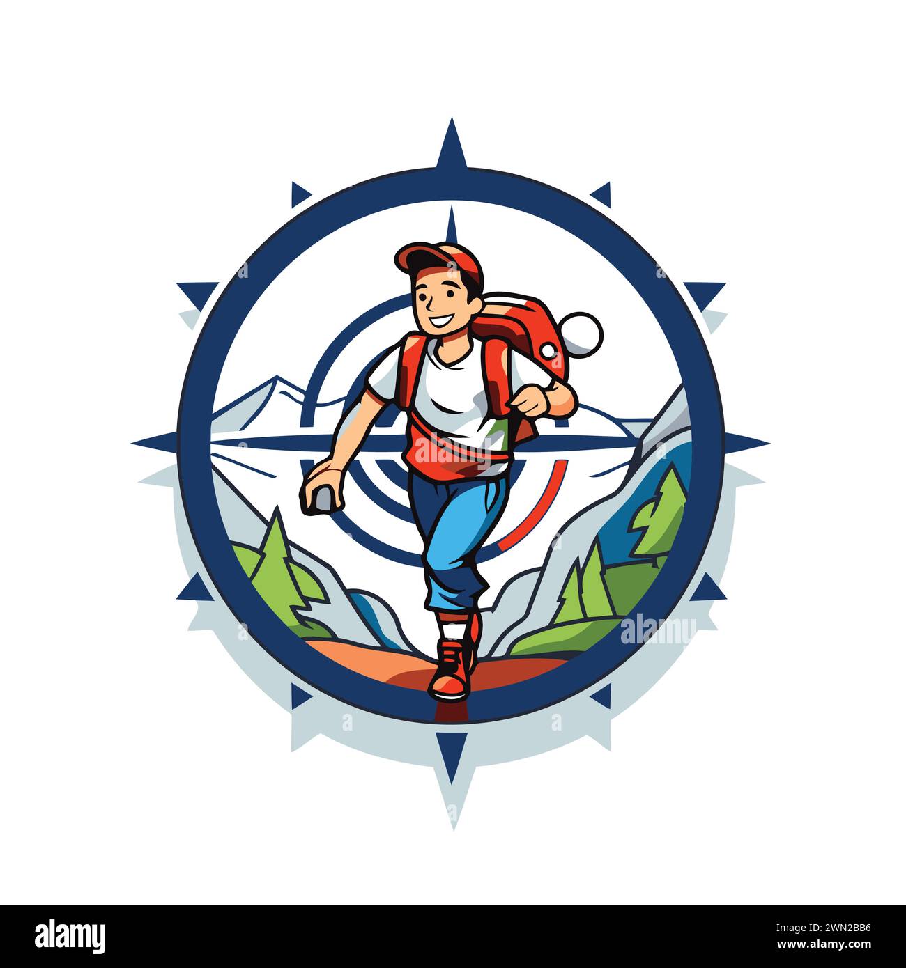 Illustration of a male hiker walking with map and compass set inside ...
