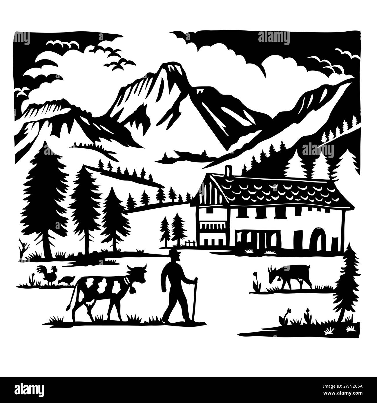 Swiss scherenschnitt or scissors cut illustration of silhouette of ...